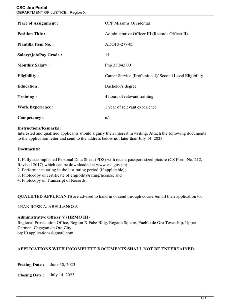 DEPARTMENT OF JUSTICE-Administrative Officer III Records Officer II | PDF