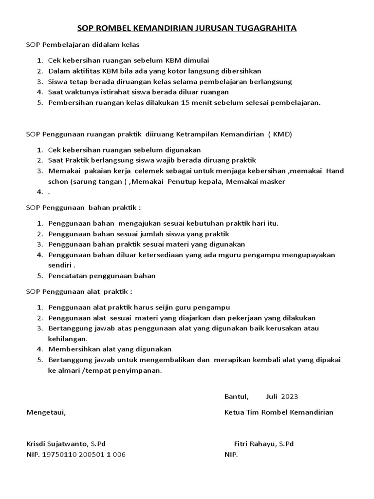Sop Ruang, Alat Dan Bahan Praktik Rombel Kemandirian Dan Boga | PDF