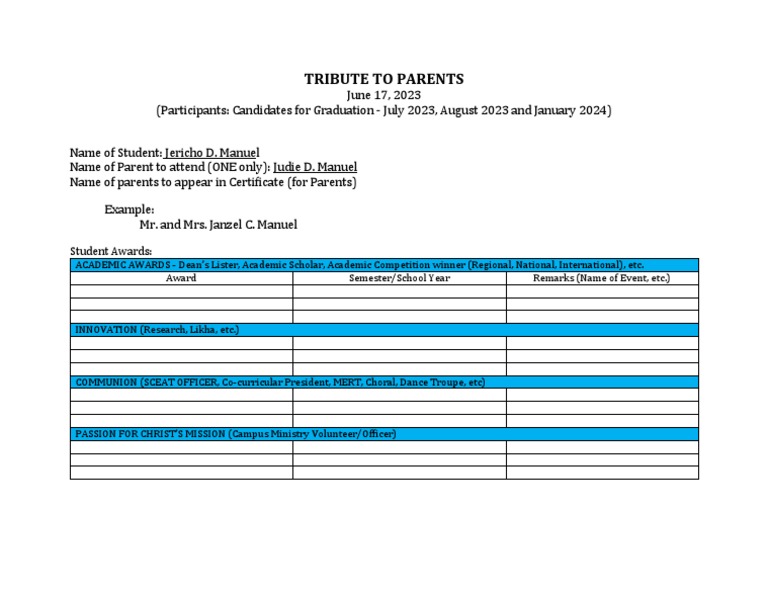 Tribute To Parents Template | PDF