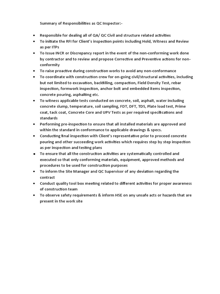 QC Inspector Responsibilities | PDF QC Inspector Responsibilities | PDF
