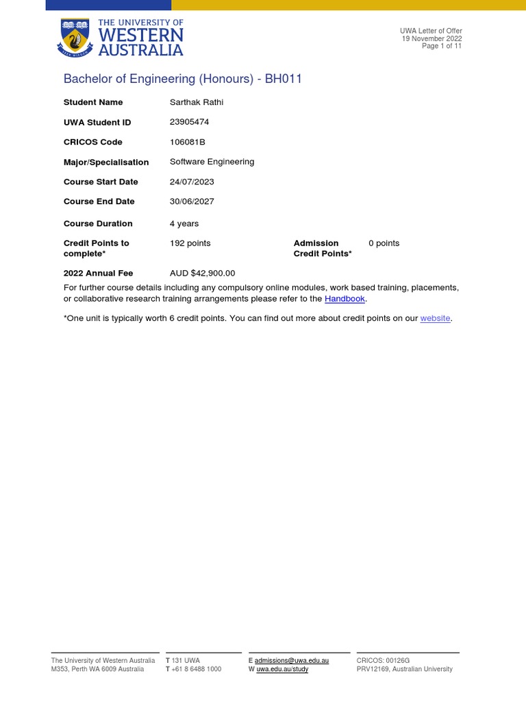 UWA International Offer Contract - 23905474 | PDF