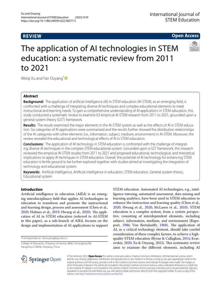 The Application of AI Technologies in STEM Education: A Systematic ...