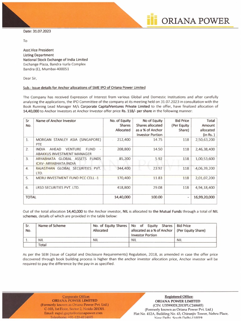 Anchor Investor Intimation - Oriana Power | PDF