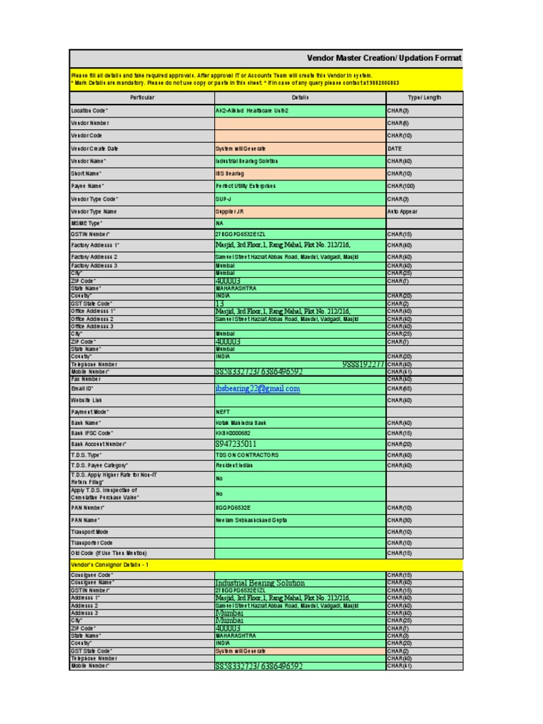 Vendor Master Data Form | PDF