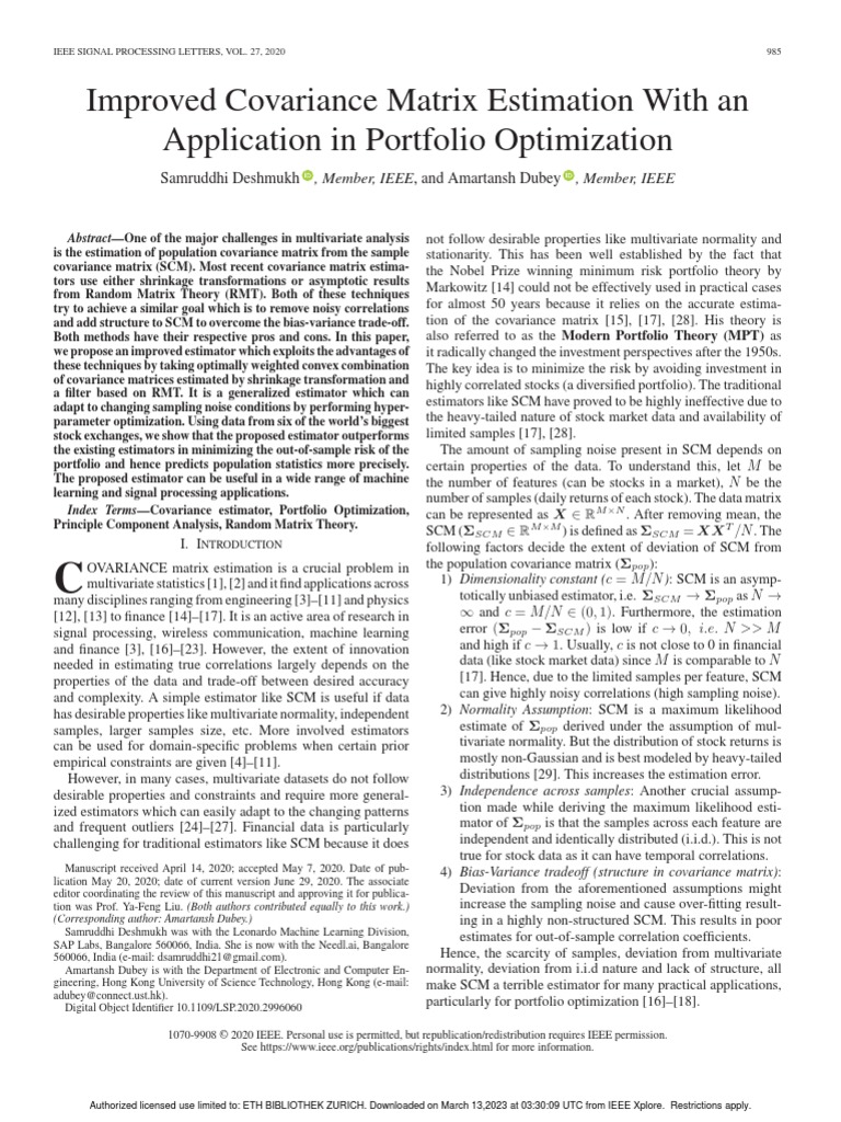Improved Covariance Matrix Estimation With An Application In Portfolio Optimization Pdf