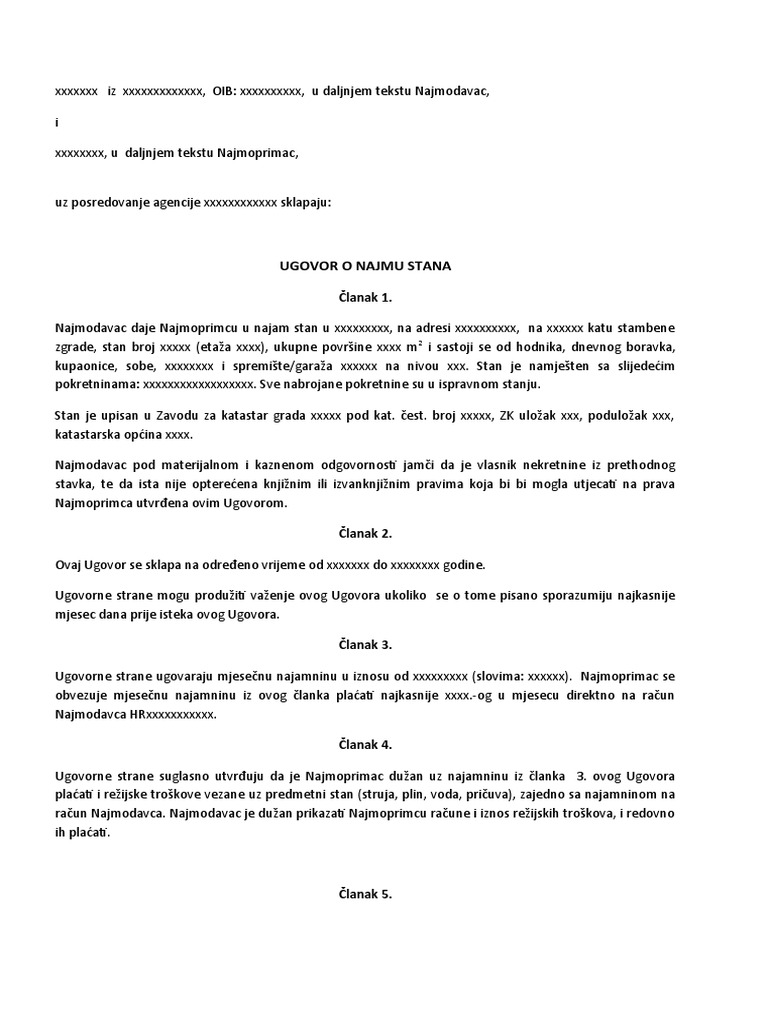 Ugovor o Najmu Stana Predložak | PDF