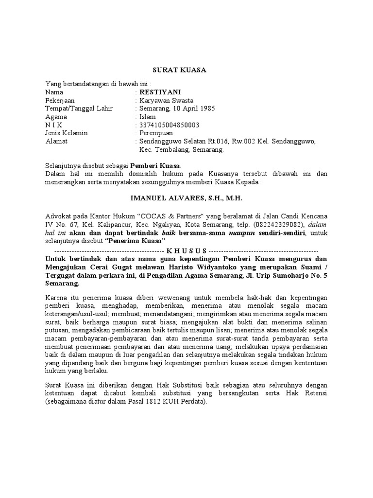 Surat Kuasa Cerai Restiyani Pengadilan Agama Semarang | PDF