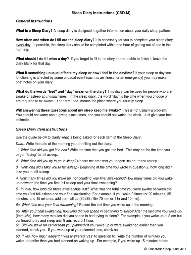 Consensus Sleep Diary Morning and Instructions | PDF
