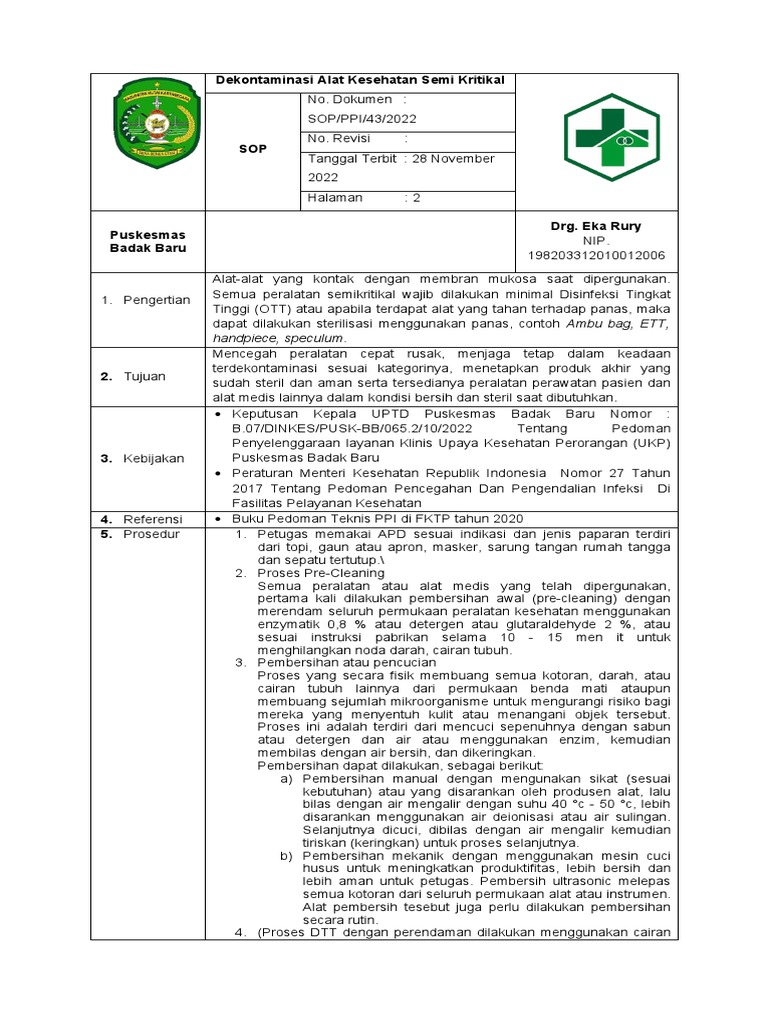 SOP Dekontaminasi Alat Kesehatan Semi Kritikal | PDF