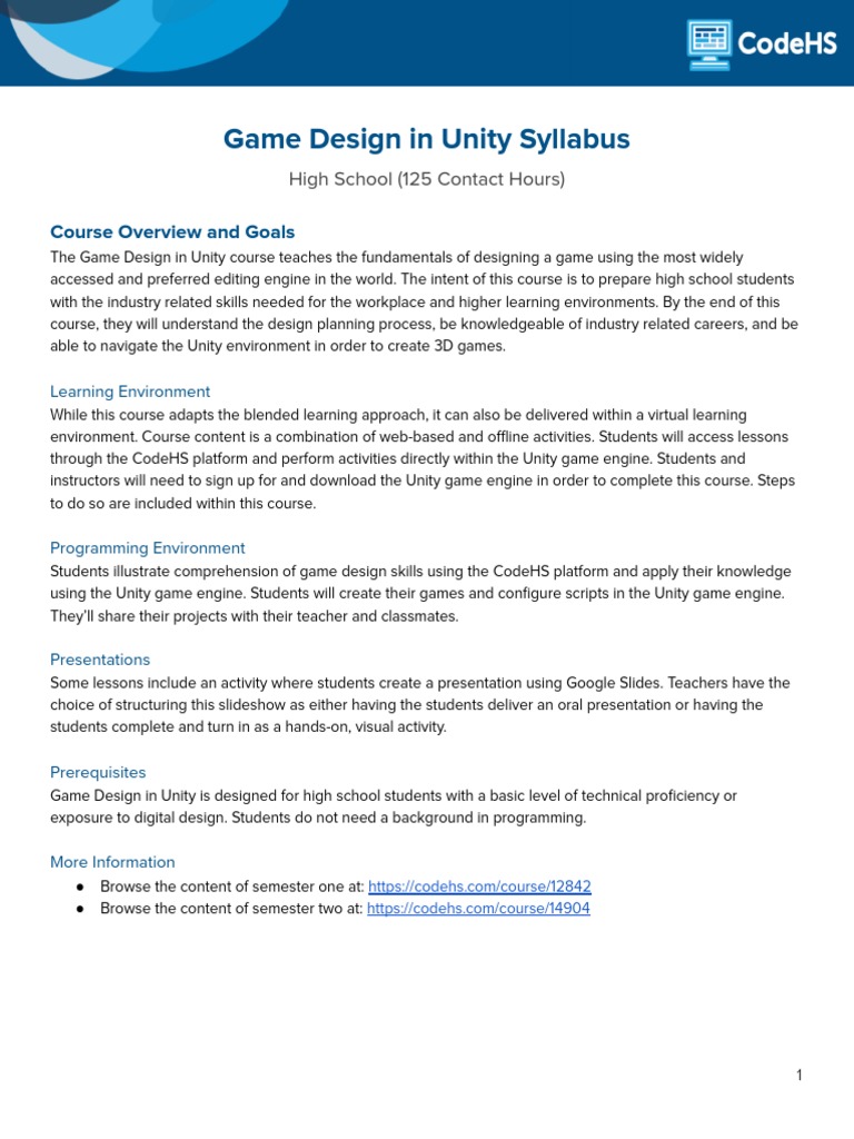 Game Design in Unity Syllabus: Course Overview and Goals | PDF | Prototype | Unity (Game Engine)
