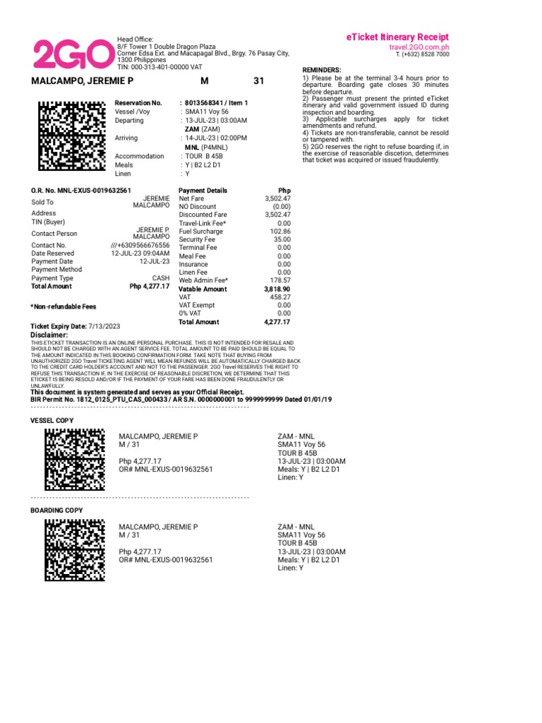 2GO Travel - Itinerary Receipt | PDF