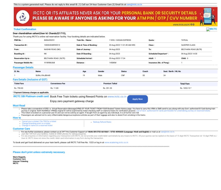 Irctc Ticket | Download Free PDF | Service Industries | Banking Technology
