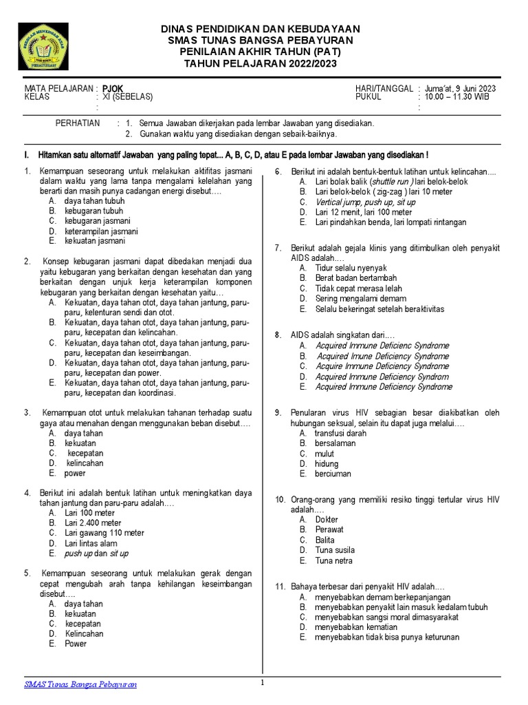 Soal Pat Pjok Kelas Xi 2023 | PDF