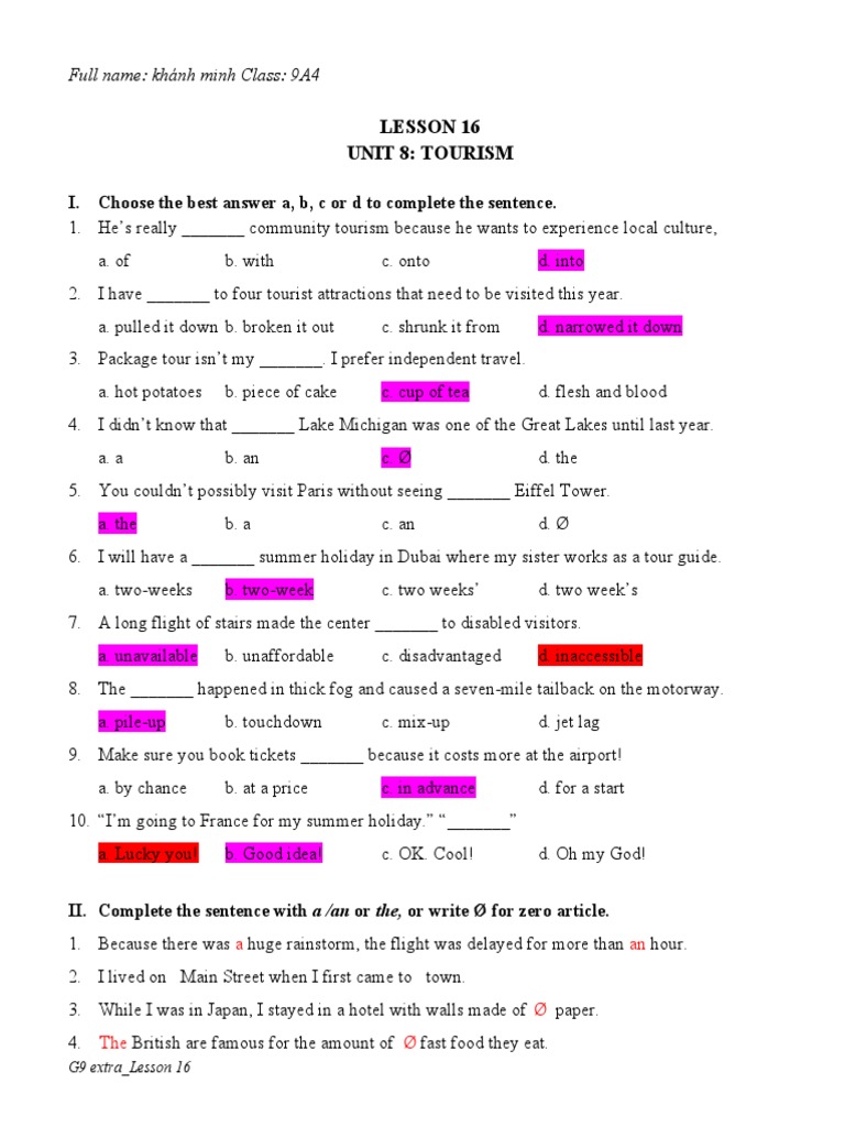 Unit 8: Tourism Exercises and Answers | PDF