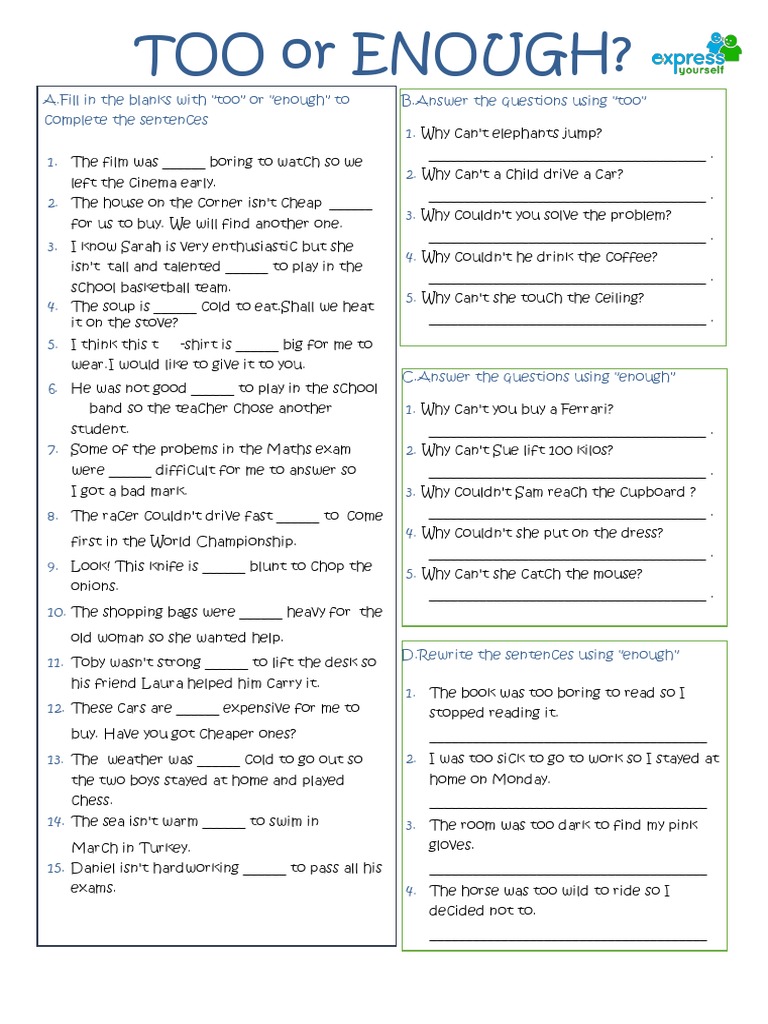 Worksheet Too or Enough | PDF
