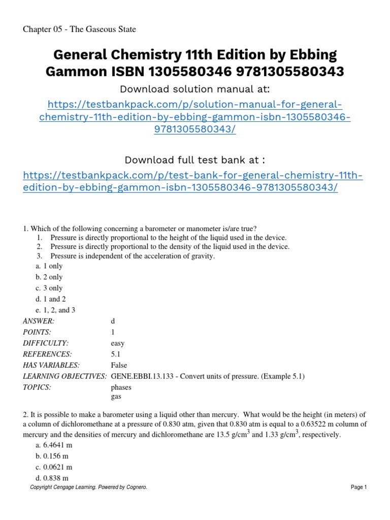 General Chemistry 11th Edition Ebbing Test Bank 1 | PDF | Gases | Mole ...