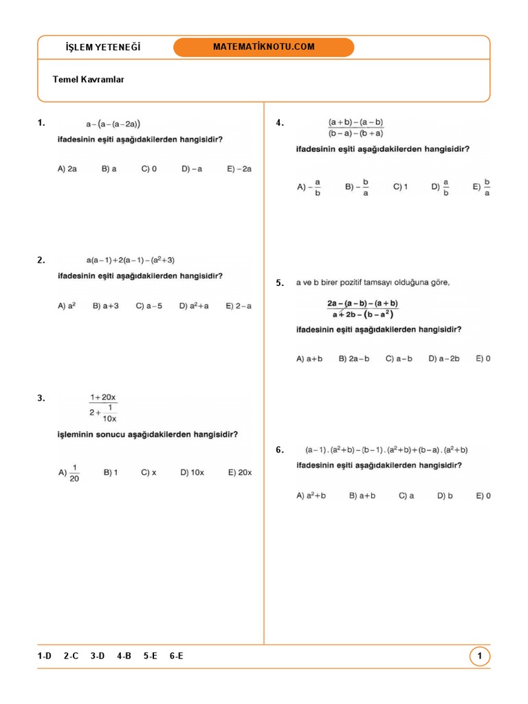 Temel Kavramlar İşlem Yeteneği Konu Testi 3 | PDF