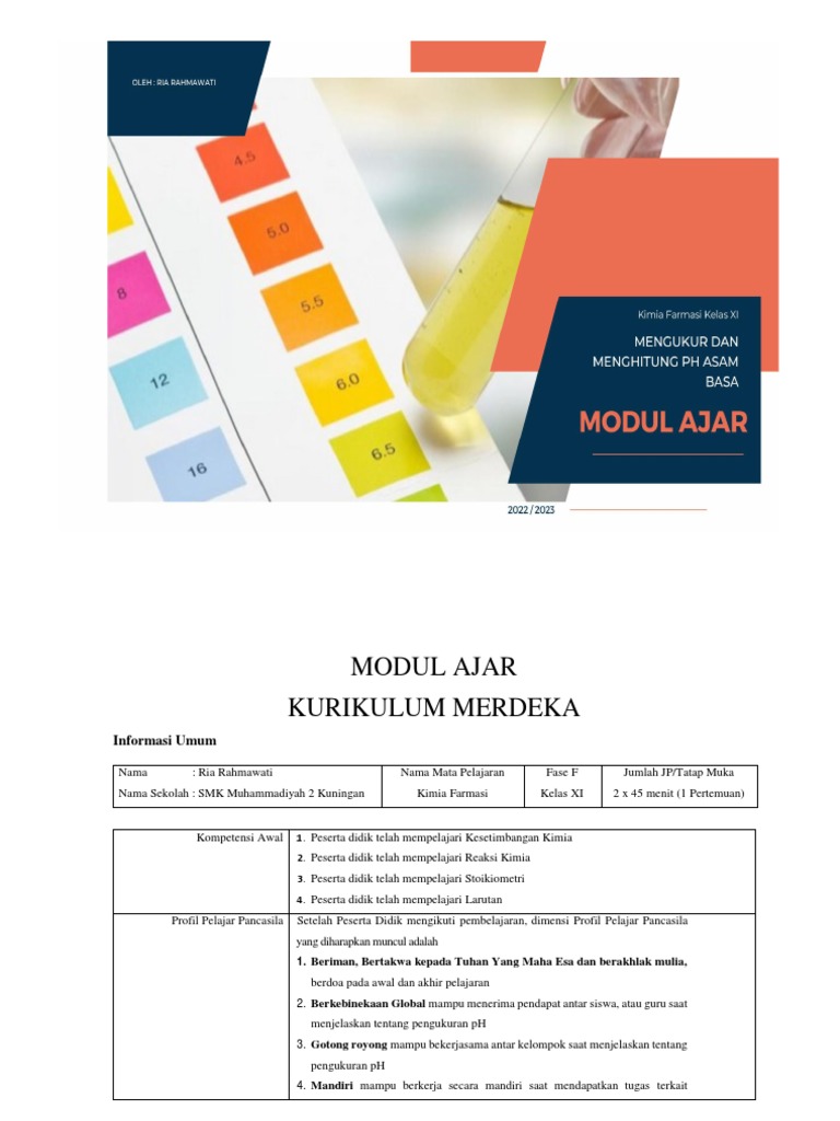 Modul Ajar - Kimia Farmasi - Fase F - PH Asam Basa | PDF