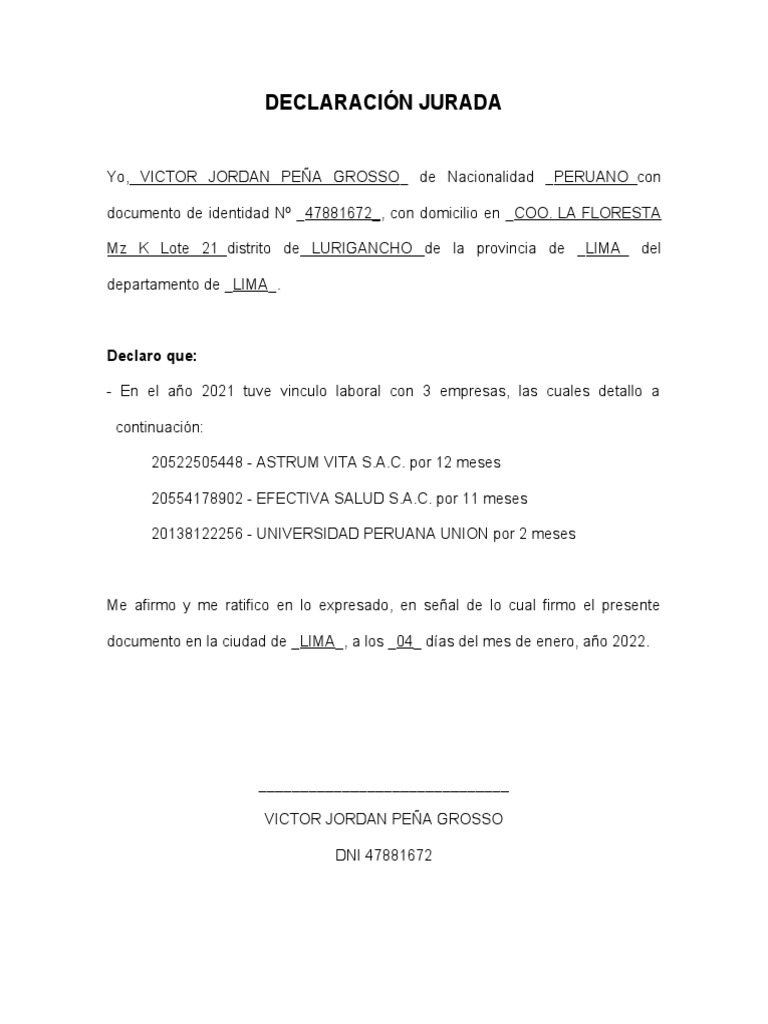 Declaracion Jurada Empresas Con Vinculo Laboral | PDF