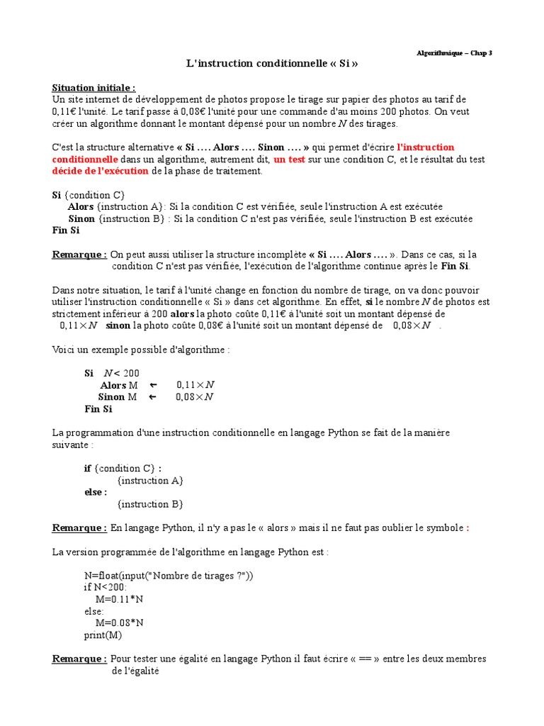 Algorithmique - Chap 3 - La structure conditionnelle SI | PDF