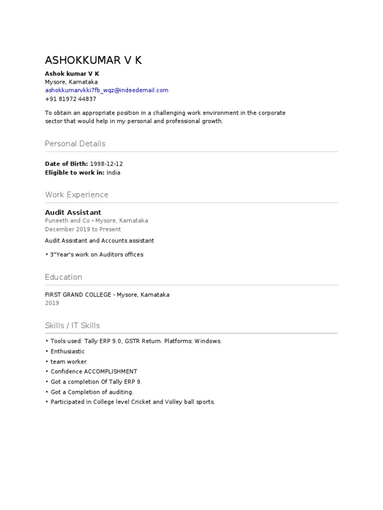 Resume Ashok Kumar v k | PDF
