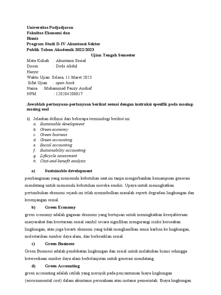 Soal UTS Akuntansi Sosial 2023 D-IV ASP | PDF | Seni