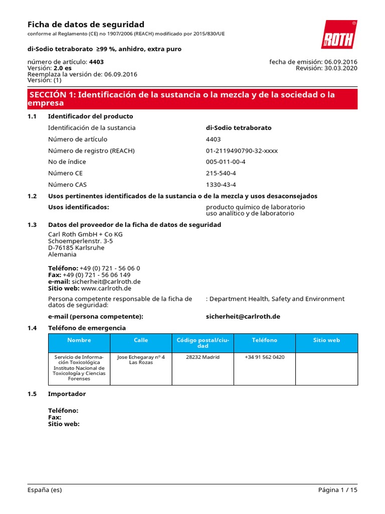 Ficha de Seguridad di-Sodio Tetraborato | PDF