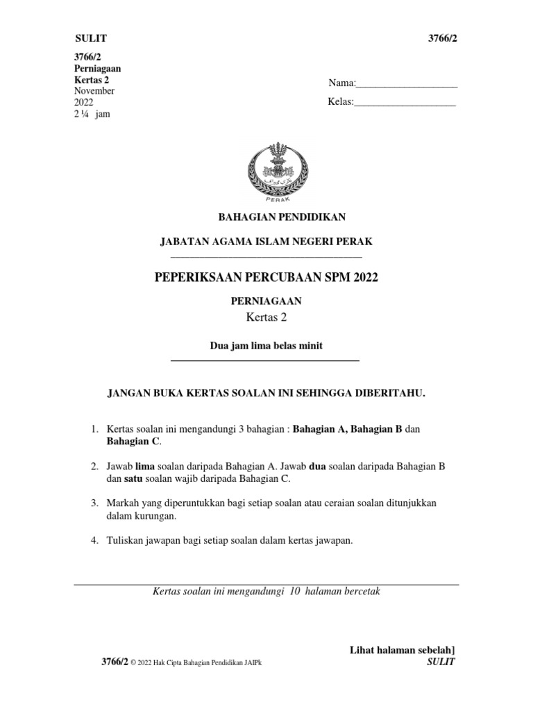 Kertas 2 Perniagaan Trial 2022 | PDF