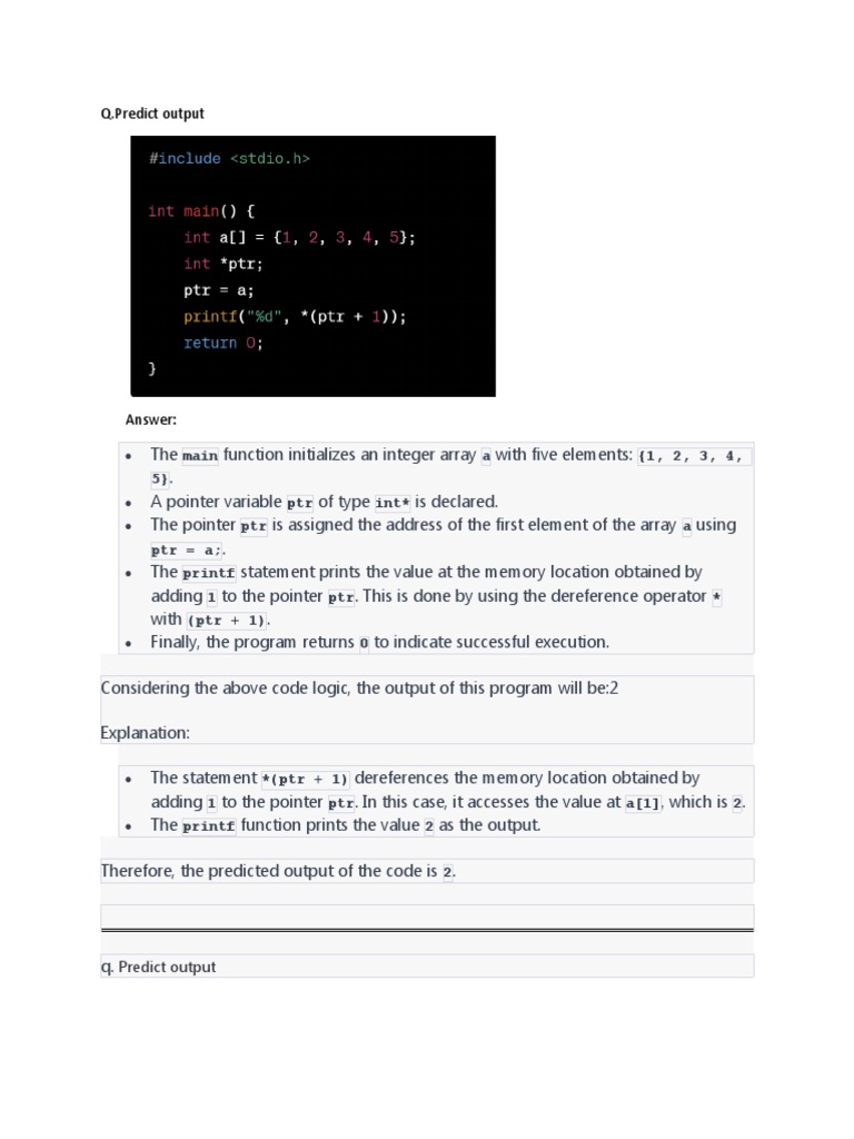 Q.Predict Output: Main A (1, 2, 3, 4, 5) PTR Int PTR A PTR A Printf 1 PTR (PTR + 1) 0 | PDF