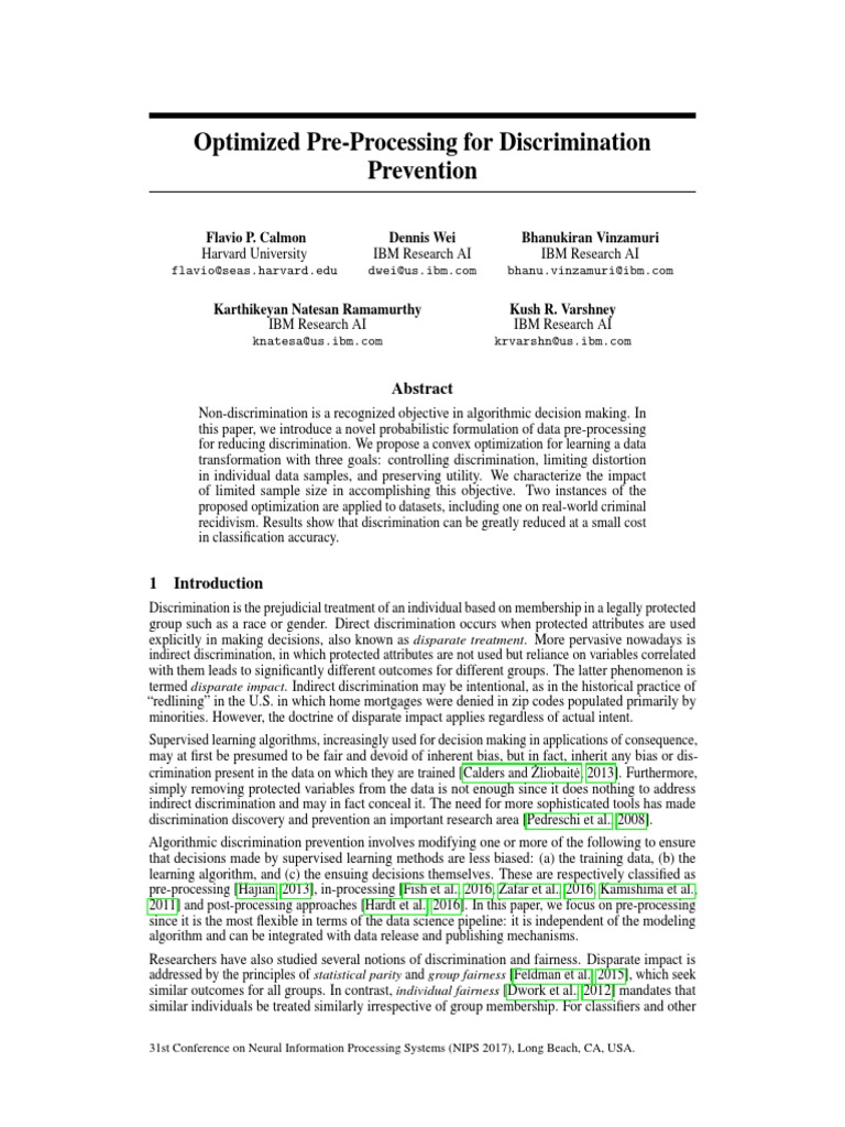 Nips 2017 Optimized Pre Processing For Discrimination Prevention Paper Pdf 