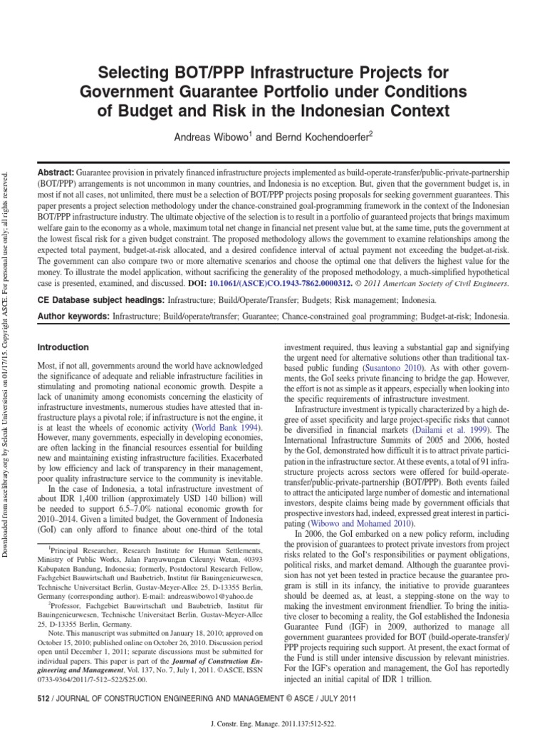 Selceting BOT-PPP Infrastructure Projects For Goverment Guarantee Protfolio Under Conditions of ...