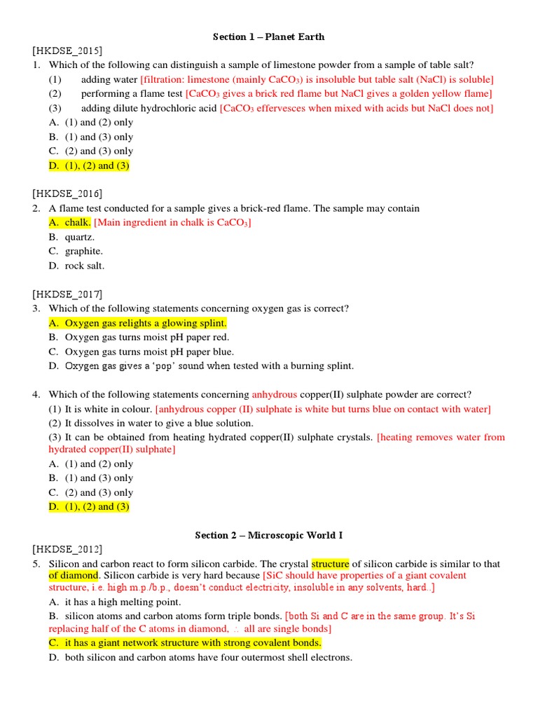 DSE 1-4 MC - Ans | PDF | Atoms | Magnesium