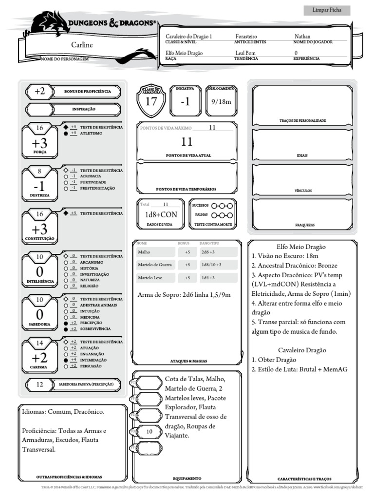 D&D 5E - Ficha Carline | PDF | Dragão | Dungeons & Dragons (jogo)
