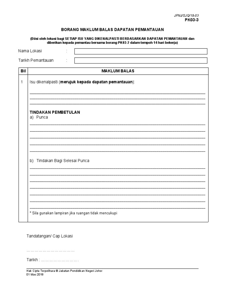 PK03-3 Borang Maklum Balas Dapatan Pemantauan | PDF