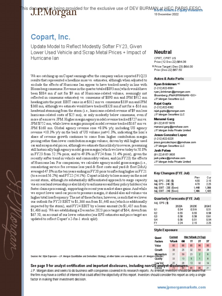 JP Morgan CPRT Copart, Inc. Update Model To Reflect Modestly Softer FY | PDF