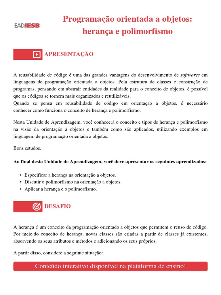 Aula 07 - Programação Orientada A Objeitos Herança e Polimorfismo | PDF ...