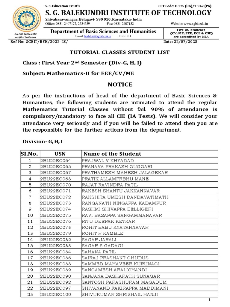 Tutorial Student List | PDF