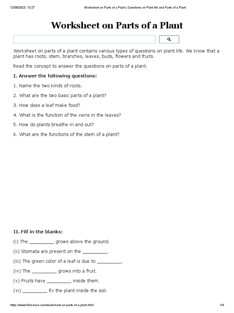 Worksheet On Parts of A Plant - Questions On Plant Life and Parts of A ...