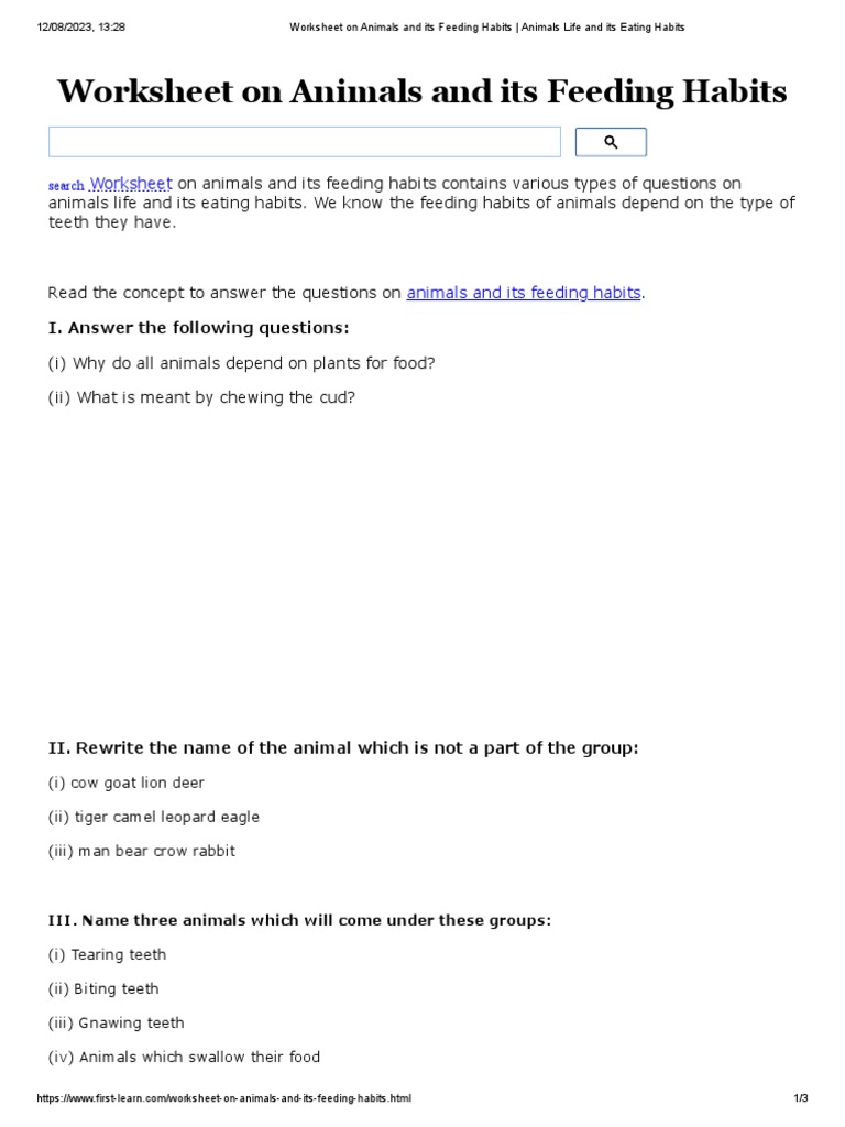 Worksheet On Animals and Its Feeding Habits - Animals Life and Its ...