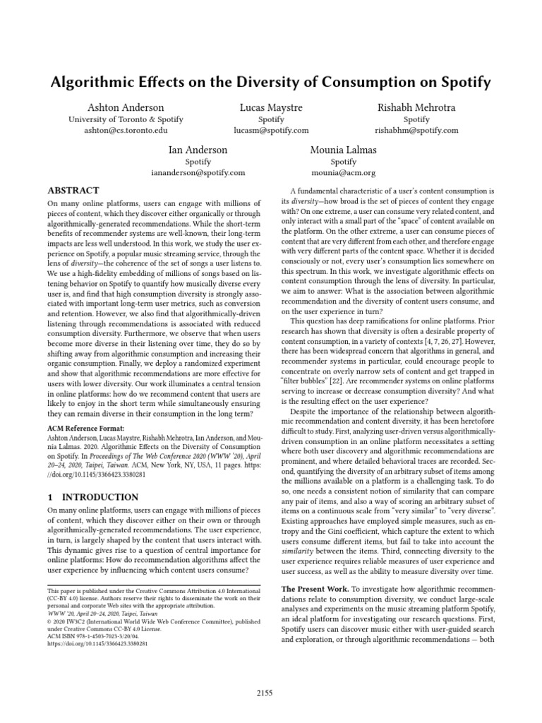 Impact of Algorithms on Spotify Diversity | PDF