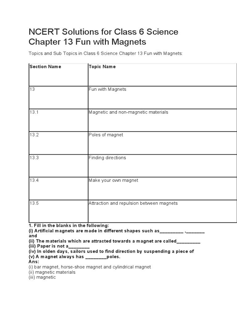 Class 6 Science: Fun with Magnets Solutions | PDF