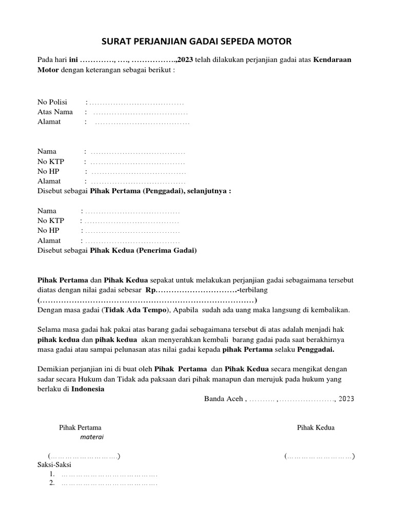 Surat Perjanjian Gadai Sepeda Motor | PDF