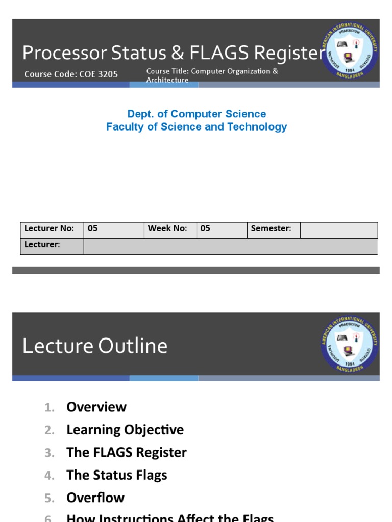 Fall 22-23 COA Lecture-5 Processor Status & FLAGS Register | PDF ...