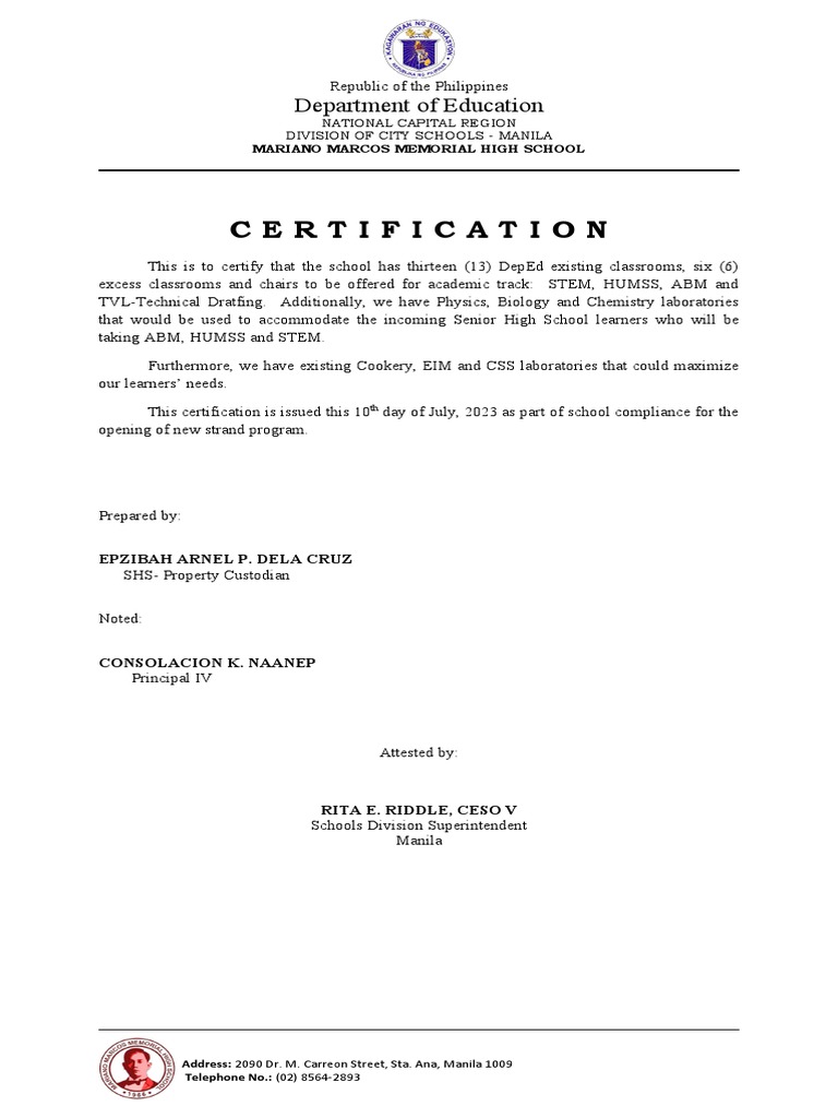 Certification of Excess Classroom | PDF