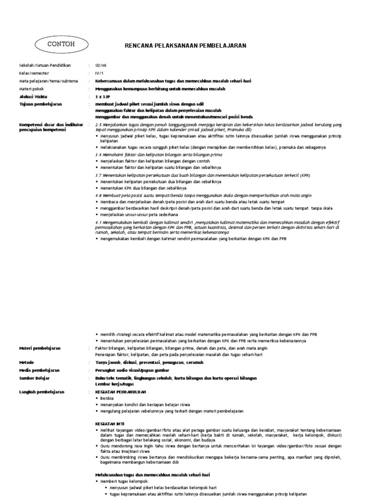 CONTOH RPP Matematika Kelas IV (materi tambahan) | PDF