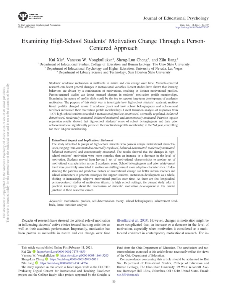 Examining High-School Students' Motivation Change Through A PersonCentered Approach | PDF