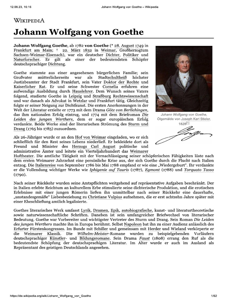 Johann Wolfgang Von Goethe - Wikipedia | PDF