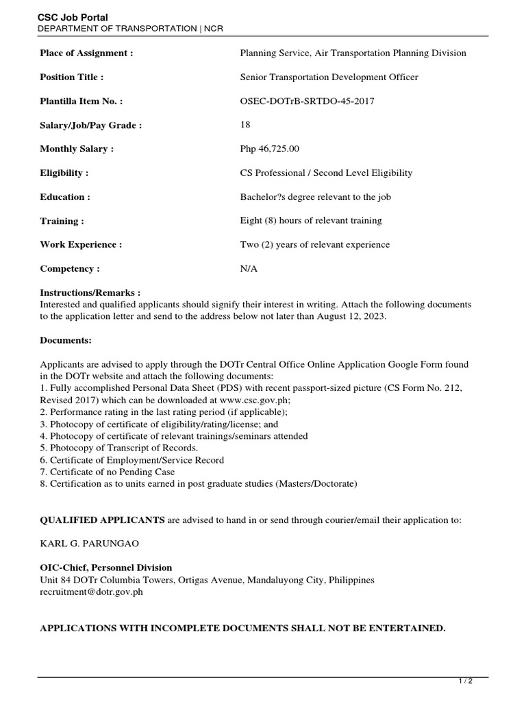Senior Transportation Officer Job Opening | PDF | Business | Technology ...