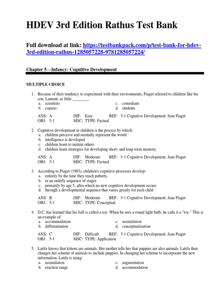 HDEV 3rd Edition Rathus Test Bank 1 | PDF | Cognitive Development ...