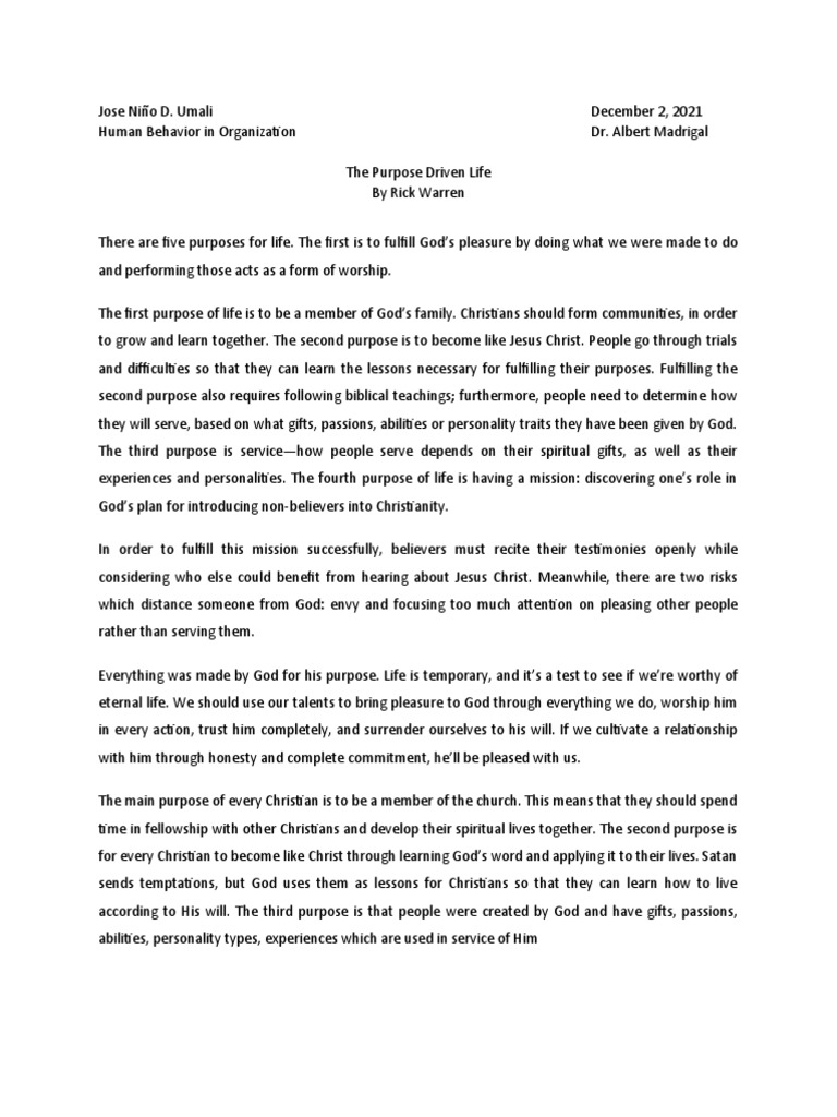 Umali-Book Review-Purpose Driven Life | PDF